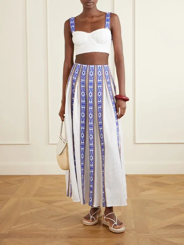 EMPORIO SIRENUSE Aurelia Pleated Printed Linen Midi Skirt