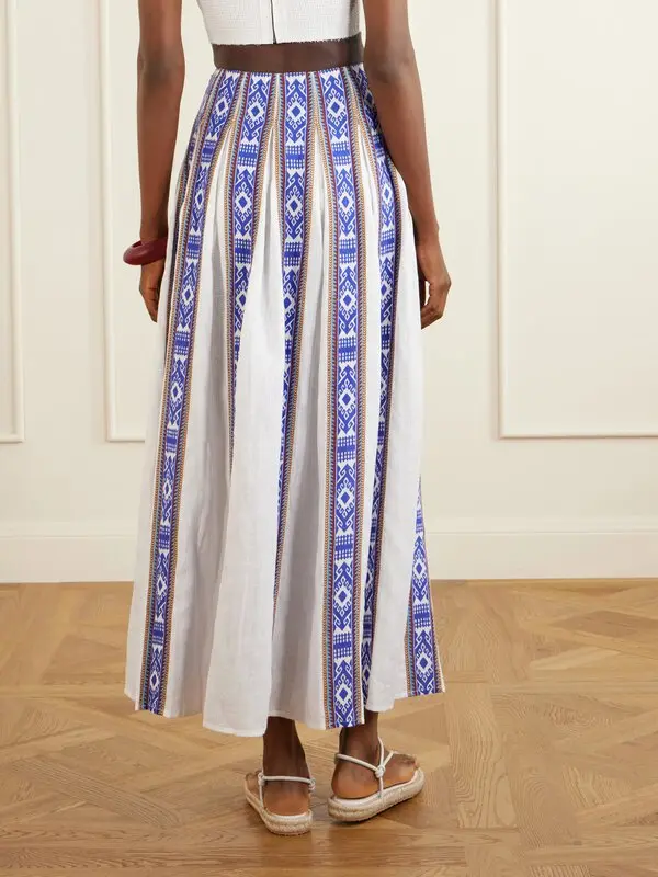 EMPORIO SIRENUSE Aurelia Pleated Printed Linen Midi Skirt