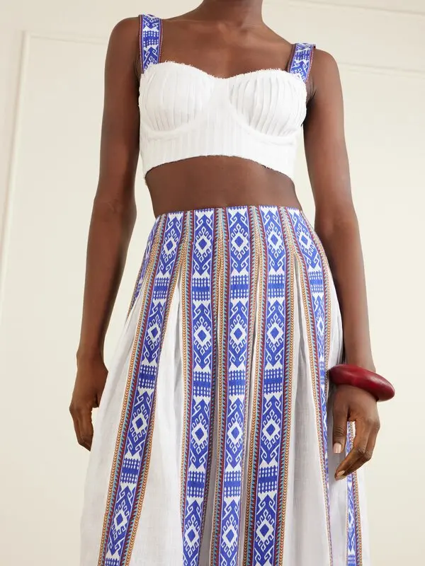 EMPORIO SIRENUSE Aurelia Pleated Printed Linen Midi Skirt