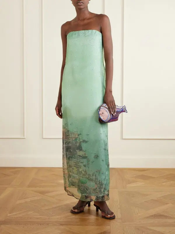 Staud Amara Strapless Printed Organza Maxi Dress With Crystal Embellishments