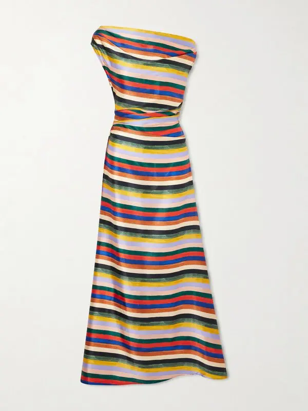 Staud Phare One-shoulder Draped Striped Silk-blend Satin Maxi Dress - Multi