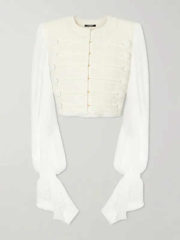 Balmain Brandebourg Tweed Blouse With Sheer Sleeves - White