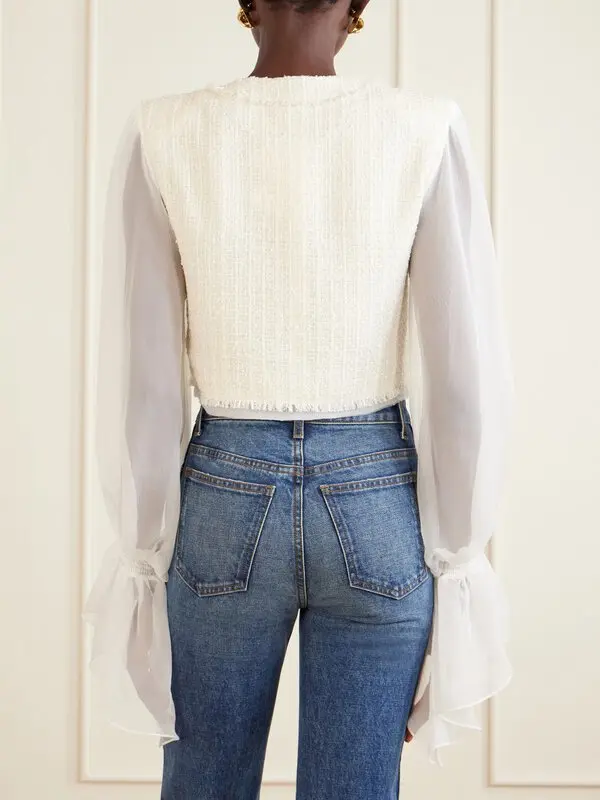 Balmain Brandebourg Tweed Blouse With Sheer Sleeves