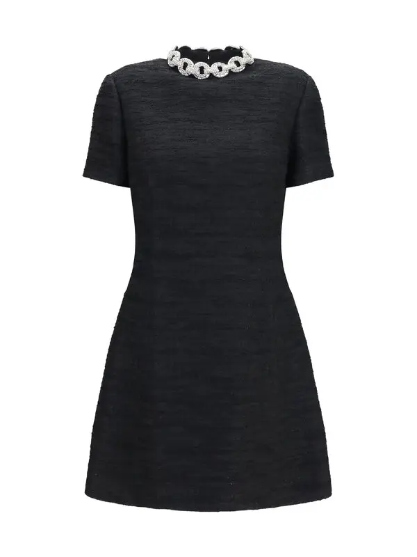 Valentino Garavani Embroidered Mini Dress With Embellished Crew Neck - Black