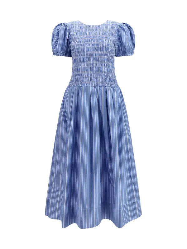 GANNI Striped Cotton Puff Sleeve Midi Dress - Blue