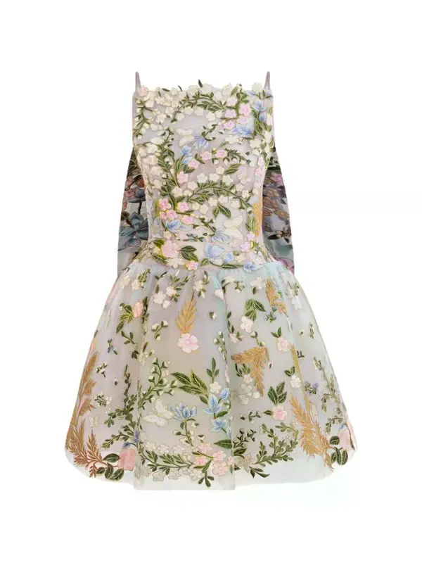 Oscar De La Renta Dominican Mixed-floral Guipure Cape-back Dress - Blue