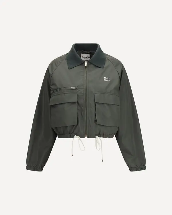 Miu Miu Technical Fabric Jacket With Knit Collar And Leather Details