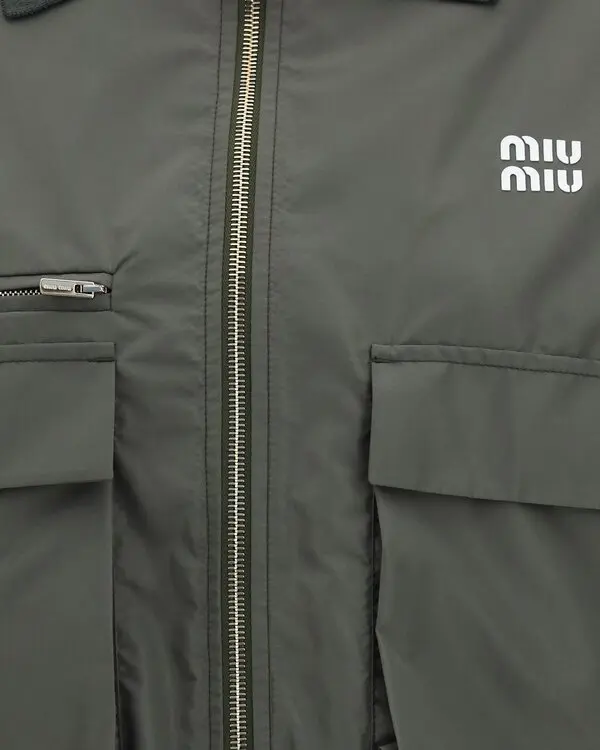 Miu Miu Technical Fabric Jacket With Knit Collar And Leather Details