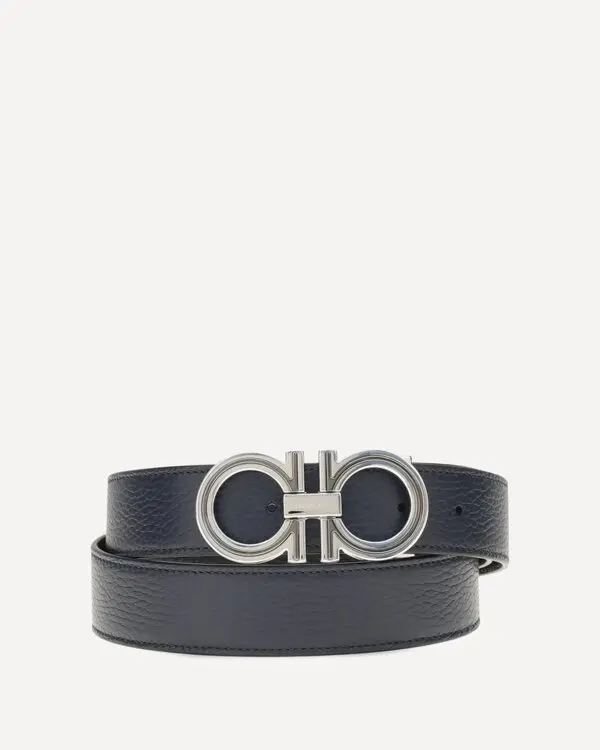 FERRAGAMO Reversible Leather Belt With Gancini Buckle - Blue
