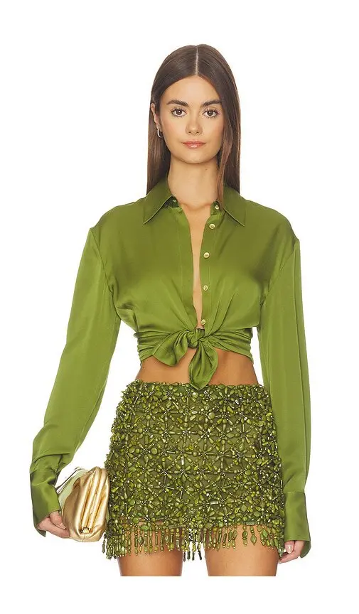 Cult Gaia Silk Button-down Shirt With Front Tie Detail - Deep Pasture