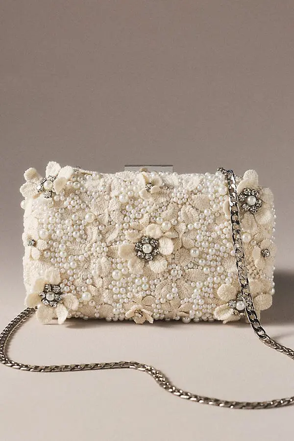 OLGA BERG Embellished Clutch With Crochet Overlay - White