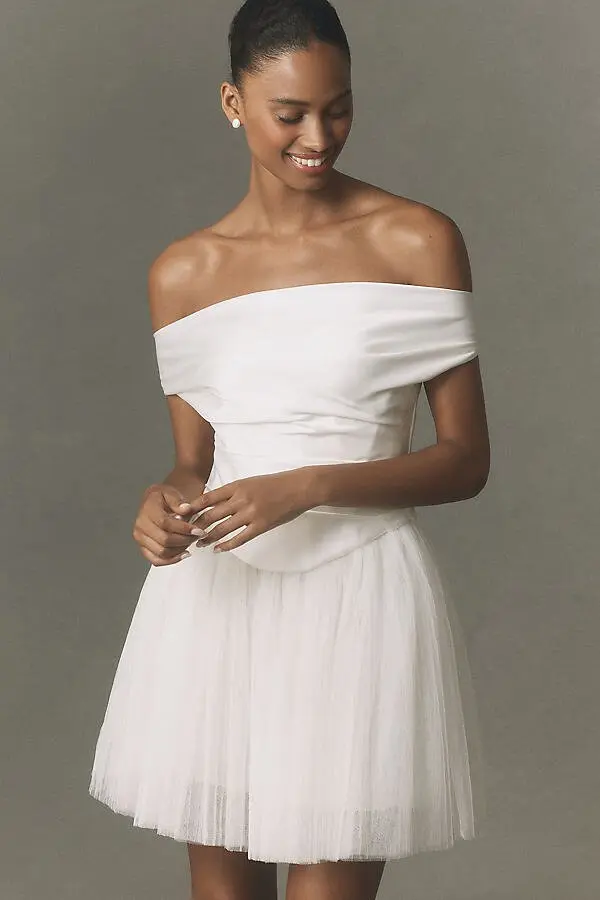 Watters Marquise Corset Mini Dress With Tulle Skirt - Ivory