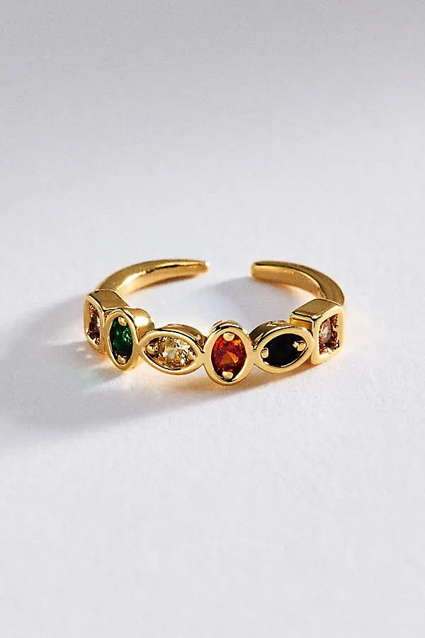 Anthropologie Colorful Bezel Band Ring In Gold-plated Brass And Cubic Zirconia