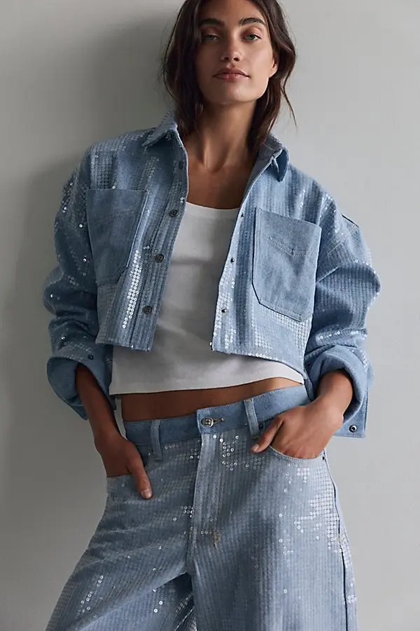 Ksubi Sequin Embellished Cropped Button Down Shirt - Blue