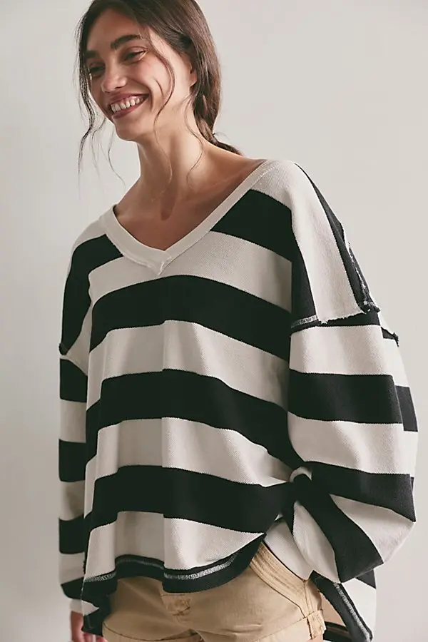 Free People We The Free Venice V-neck Striped Oversized Sweatshirt - Ivory Combo