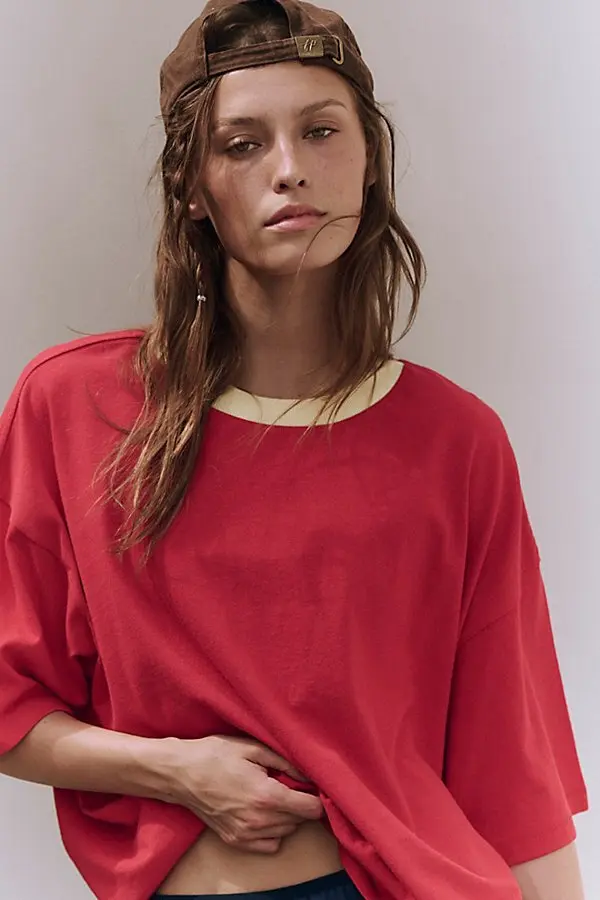 Free People Tackle Heather Colorblock Tee - Candy Apple