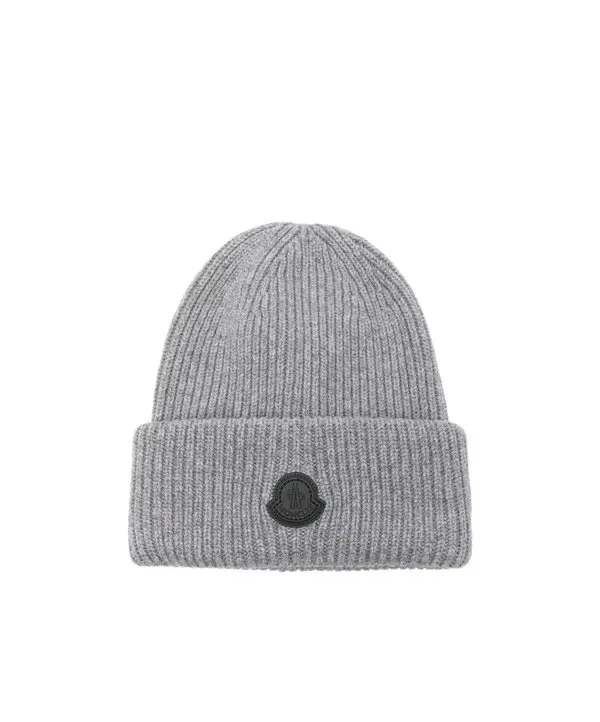 Moncler Ribbed Logo-patch Beanie Hat - Grey