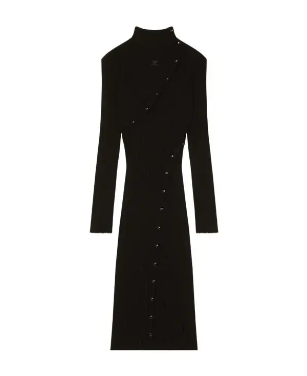 COURREGES Ribbed Knit Dress With Asymmetrical Buckle Detail - Black
