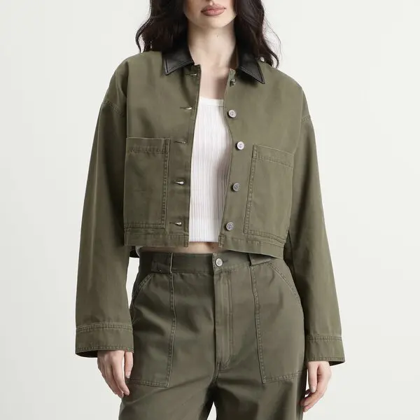 ANINE BING Yuma Cropped Cotton Jacket With Leather Point Collar