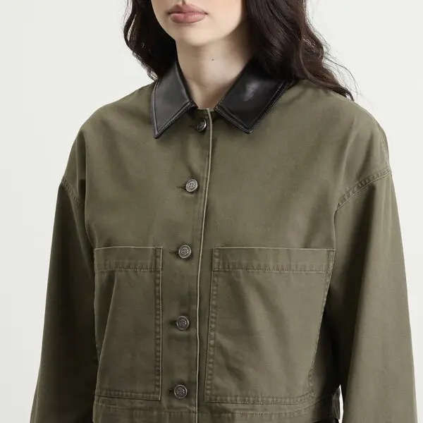 ANINE BING Yuma Cropped Cotton Jacket With Leather Point Collar