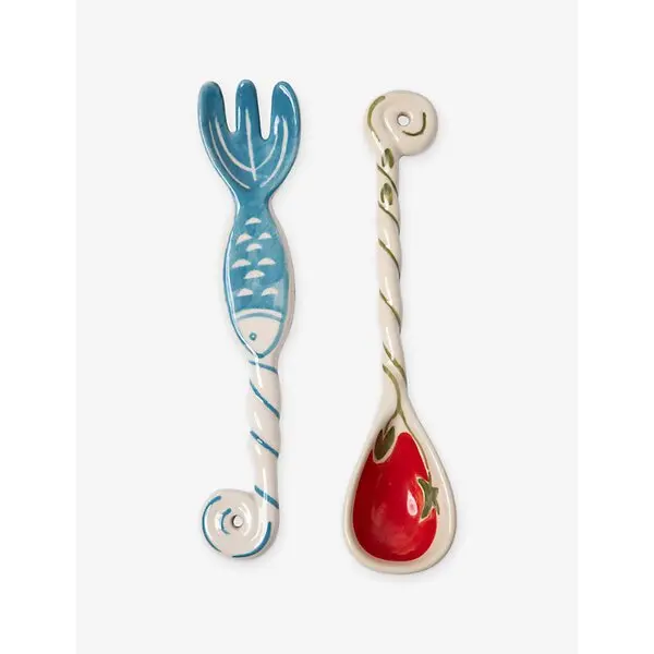 DAMSON MADDER Hand Painted Set Of Two Ceramic Salad Servers - Multi
