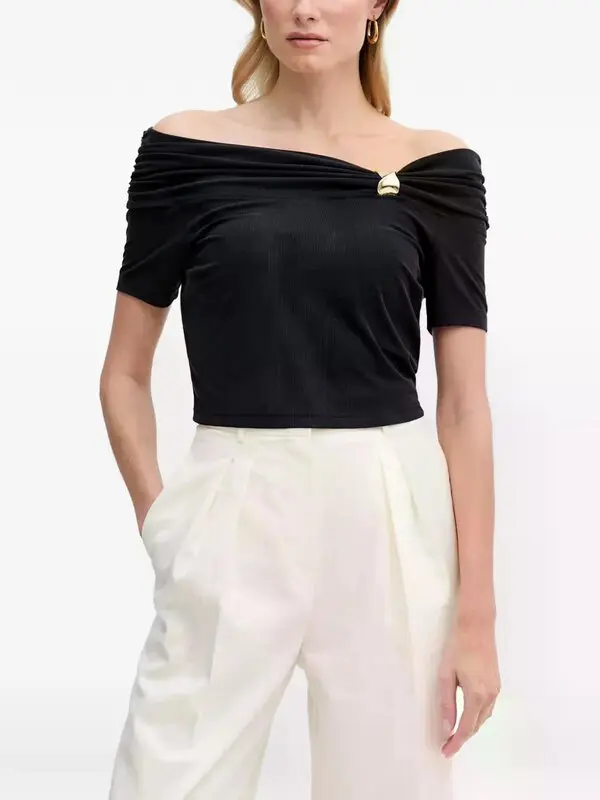 Guess Off-shoulder Ribbed Knit T-shirt - Black
