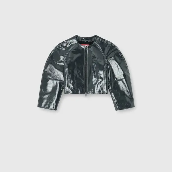 DIESEL® Patent Leather Cropped Jacket With Cocoon Sleeves - Grey