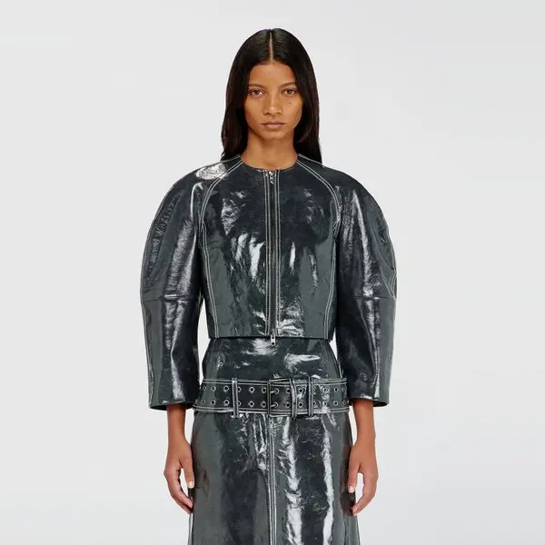 DIESEL® Patent Leather Cropped Jacket With Cocoon Sleeves - Grey