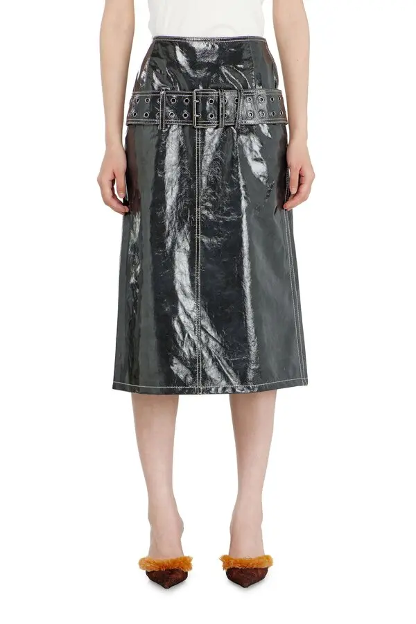 DIESEL® Patent Leather Midi Skirt With Belt - Grey