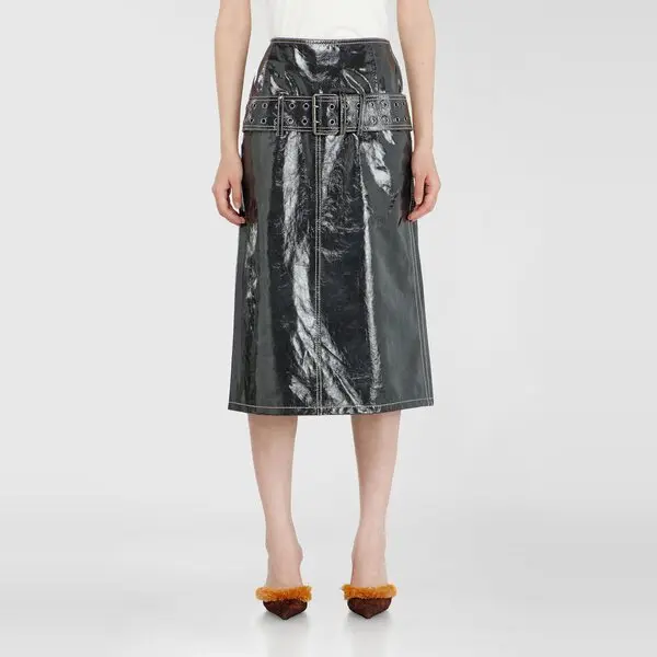 DIESEL® Patent Leather Midi Skirt With Belt - Grey