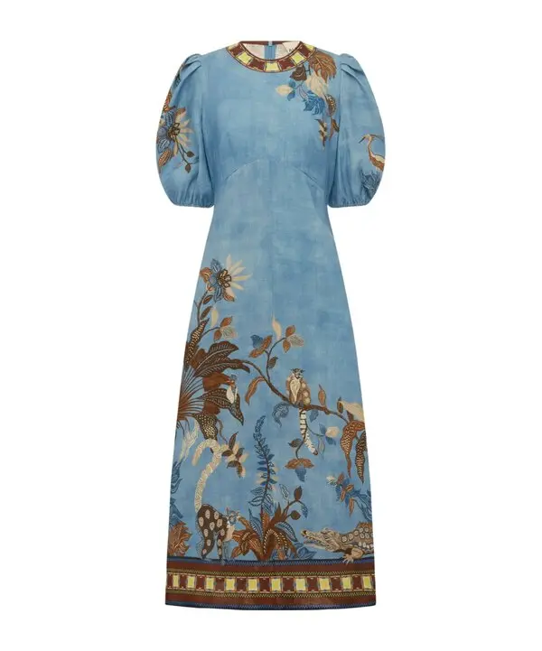ALEMAIS Puff Sleeve Printed Midi Dress
