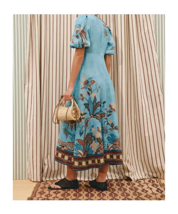ALEMAIS Puff Sleeve Printed Midi Dress