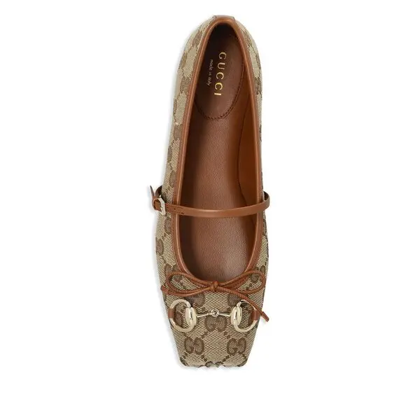 Gucci Gg Supreme Canvas Ballet Flats With Horsebit Detail And Buckle Strap - Cream