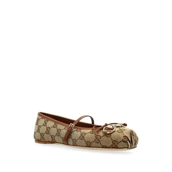 Gucci Gg Supreme Canvas Ballet Flats With Horsebit Detail And Buckle Strap - Cream