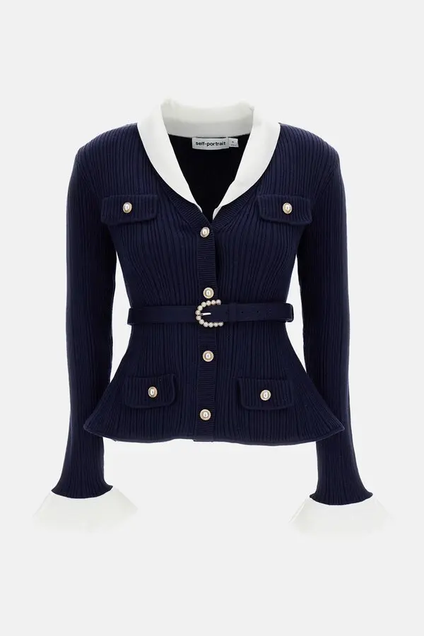 SELF-PORTRAIT Ribbed Knit Cardigan With Pearl Embellished Belt - Multicolor