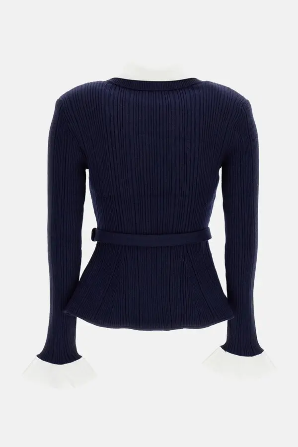 SELF-PORTRAIT Ribbed Knit Cardigan With Pearl Embellished Belt - Multicolor