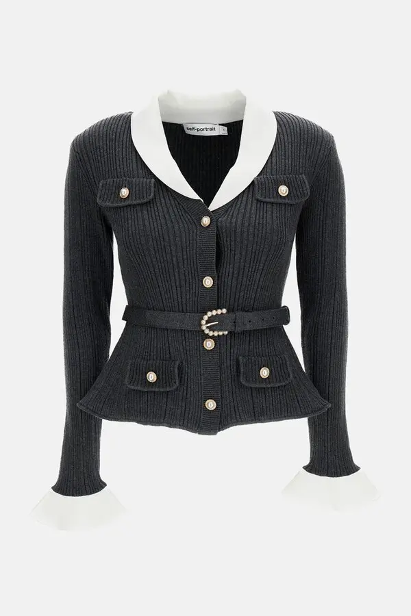 SELF-PORTRAIT Ribbed Knit Cardigan With Pearl Embellished Belt - Multicolor