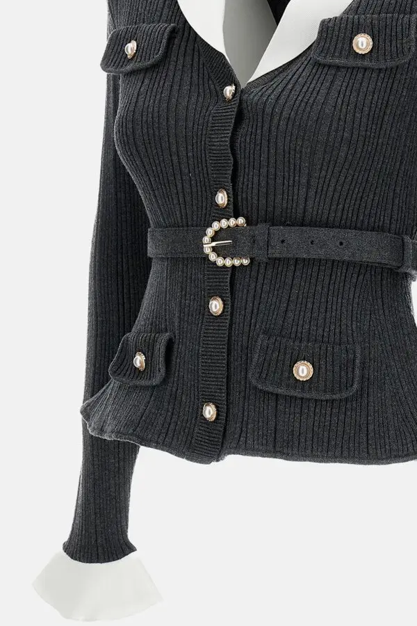 SELF-PORTRAIT Ribbed Knit Cardigan With Pearl Embellished Belt - Multicolor