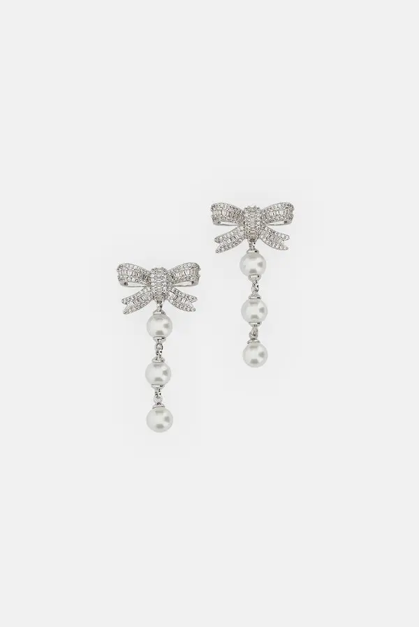 SELF-PORTRAIT Crystal Bow Faux Pearl Drop Earrings - Multicolor
