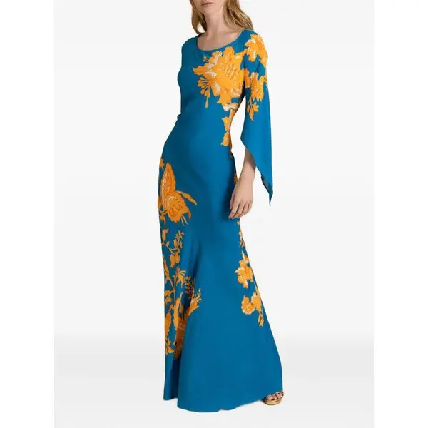 Etro Stamped Floral Drape-sleeve Maxi Dress