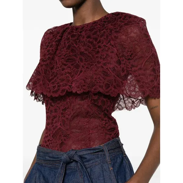SELF-PORTRAIT Burgundy Floral Lace Ruffled Overlay Top - Red
