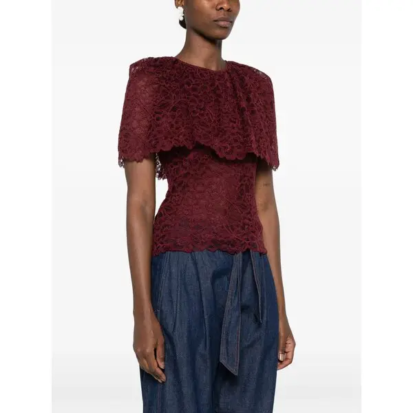 SELF-PORTRAIT Burgundy Floral Lace Ruffled Overlay Top - Red