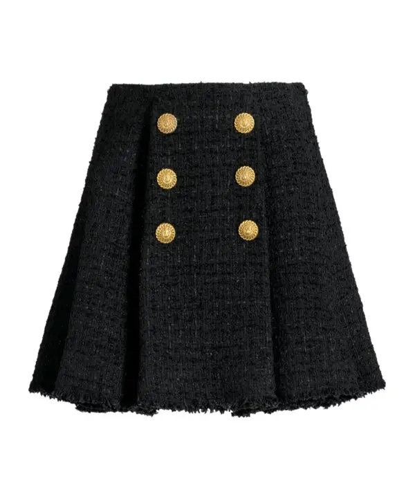 Balmain Flared Tweed Mini Skirt With Lion Head Buttons - Black