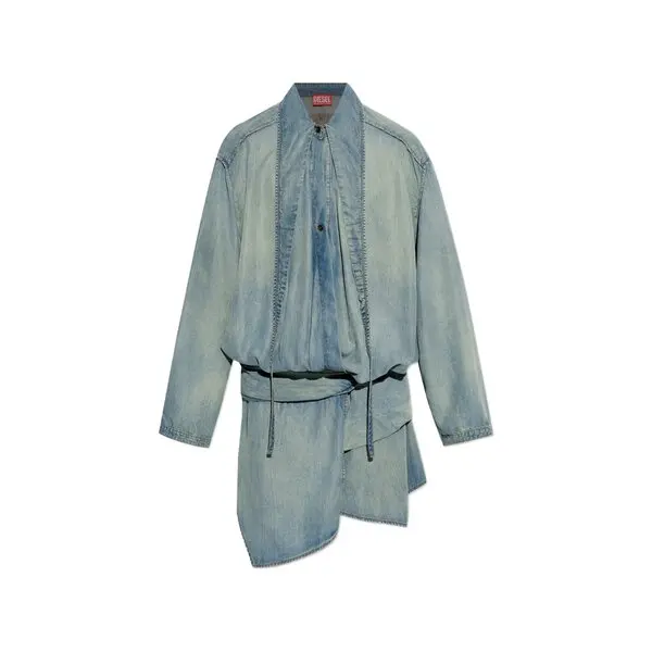 DIESEL® Washed-denim Draped Asymmetrical Hem Dress With Embroidered Logo - Blue
