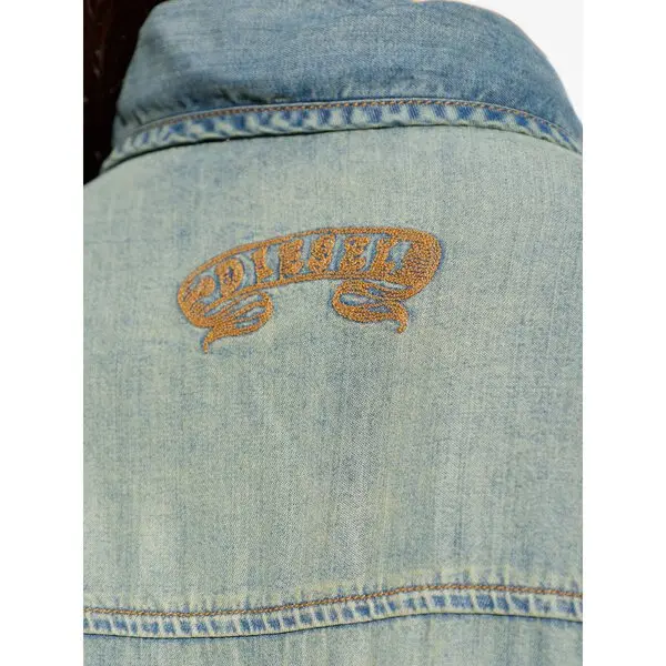 DIESEL® Washed-denim Draped Asymmetrical Hem Dress With Embroidered Logo