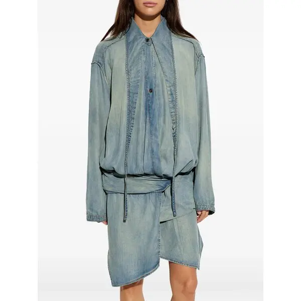 DIESEL® Washed-denim Draped Asymmetrical Hem Dress With Embroidered Logo