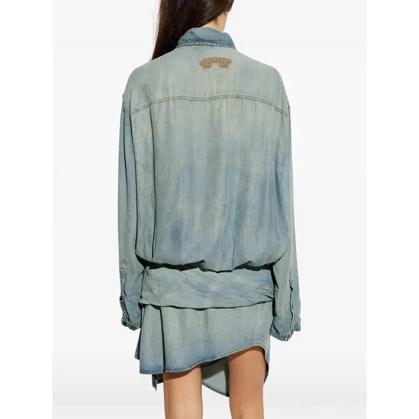 DIESEL® Washed-denim Draped Asymmetrical Hem Dress With Embroidered Logo