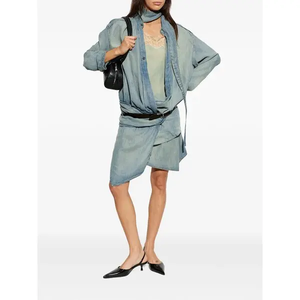 DIESEL® Washed-denim Draped Asymmetrical Hem Dress With Embroidered Logo