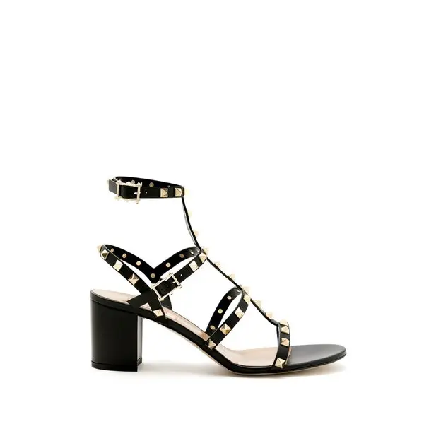 Valentino Garavani Calf Leather Studded Block Heel Sandals - Black