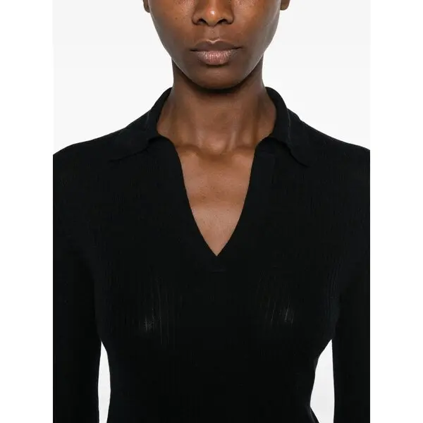Max Mara Black Ribbed Knit Polo Shirt With V-neck
